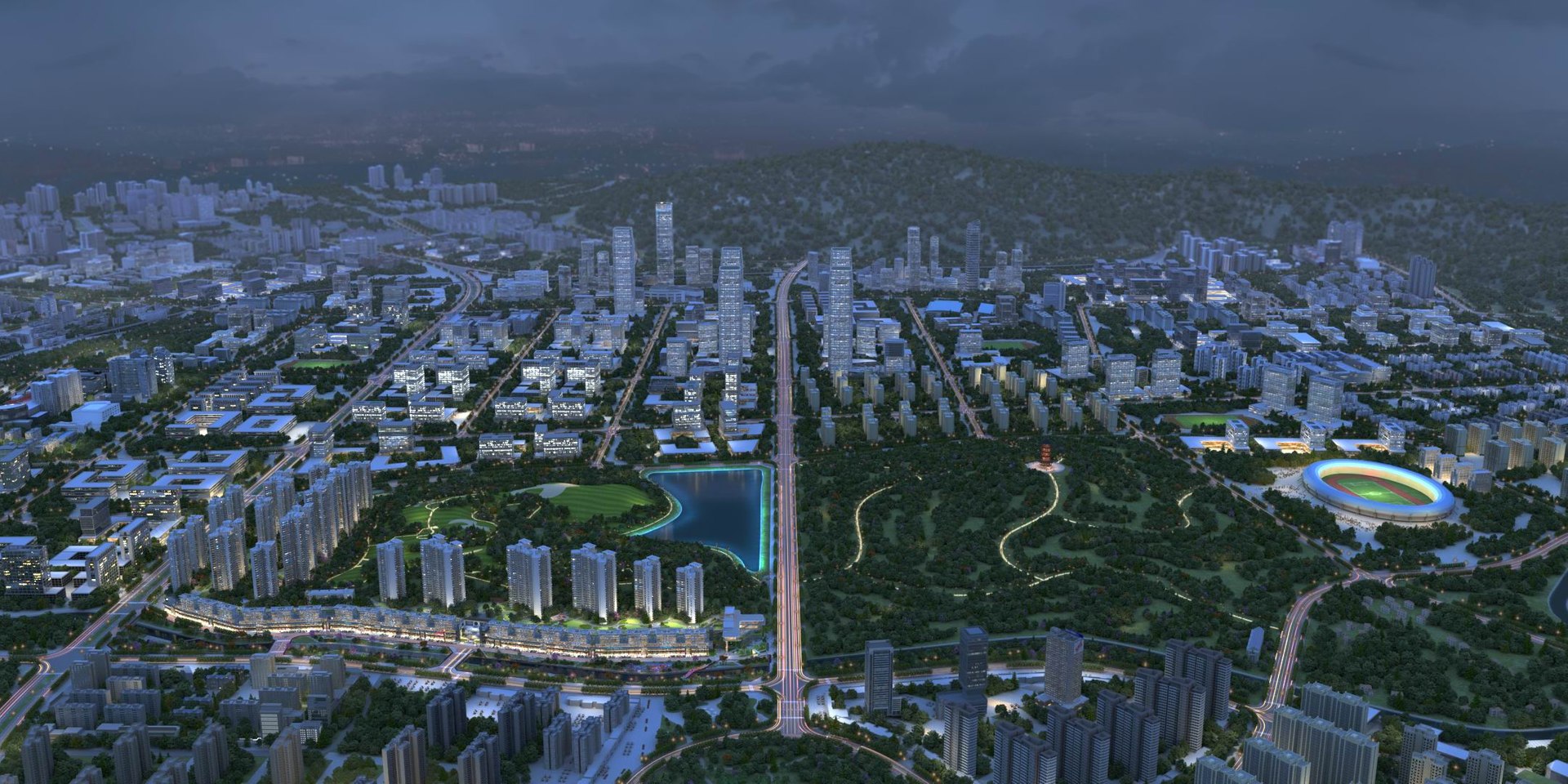 Aerial View Of City Night Scene 3D Building Animation Model 3D ...