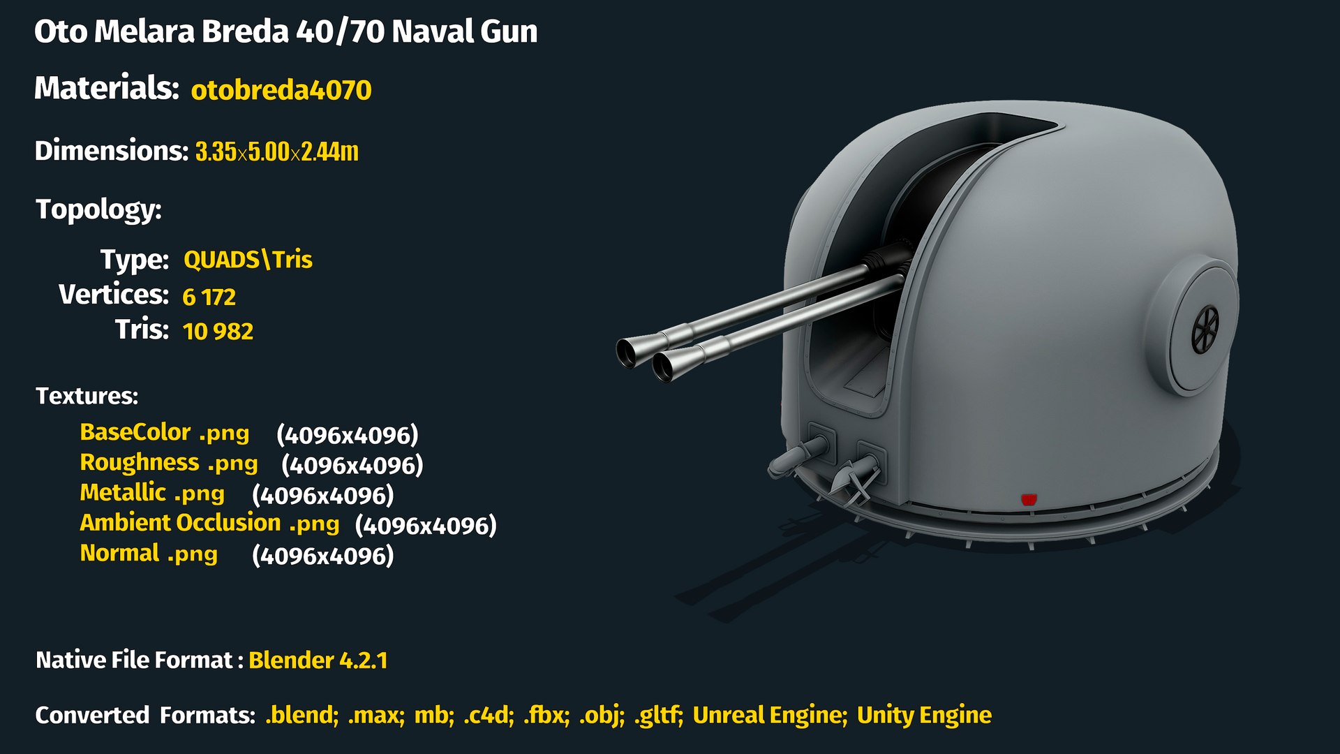 3D Oto Melara Breda 40-70 Naval Gun Model - TurboSquid 2287070