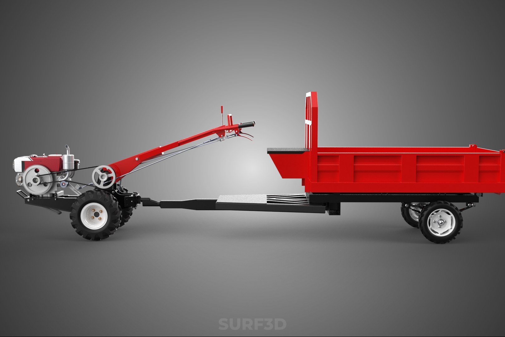 3D Model SINGLE AXLE POWER TILLER TRACTOR TRAILER CAR VEHICLE HAULER ...