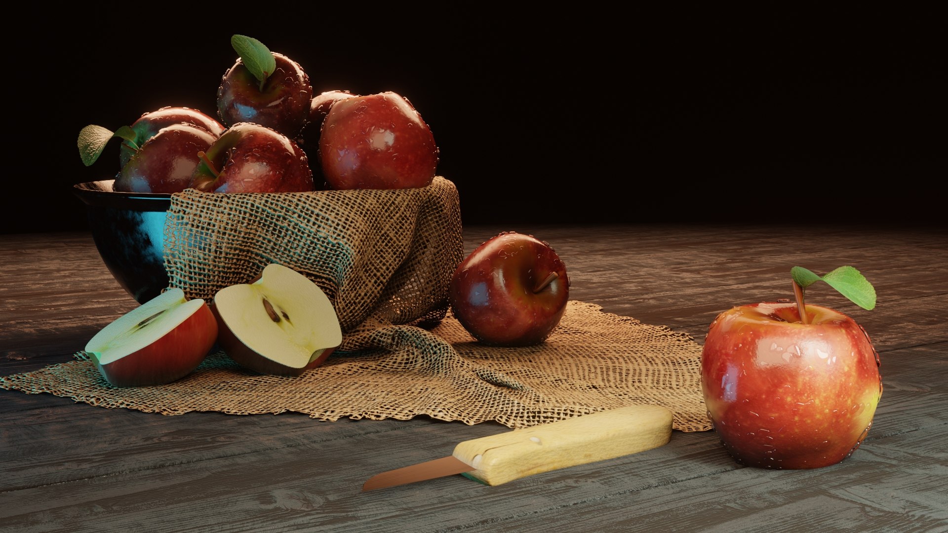 Bowl With Apples Waterdrops Fabric Knife - High Poly - Blender 3D Model ...