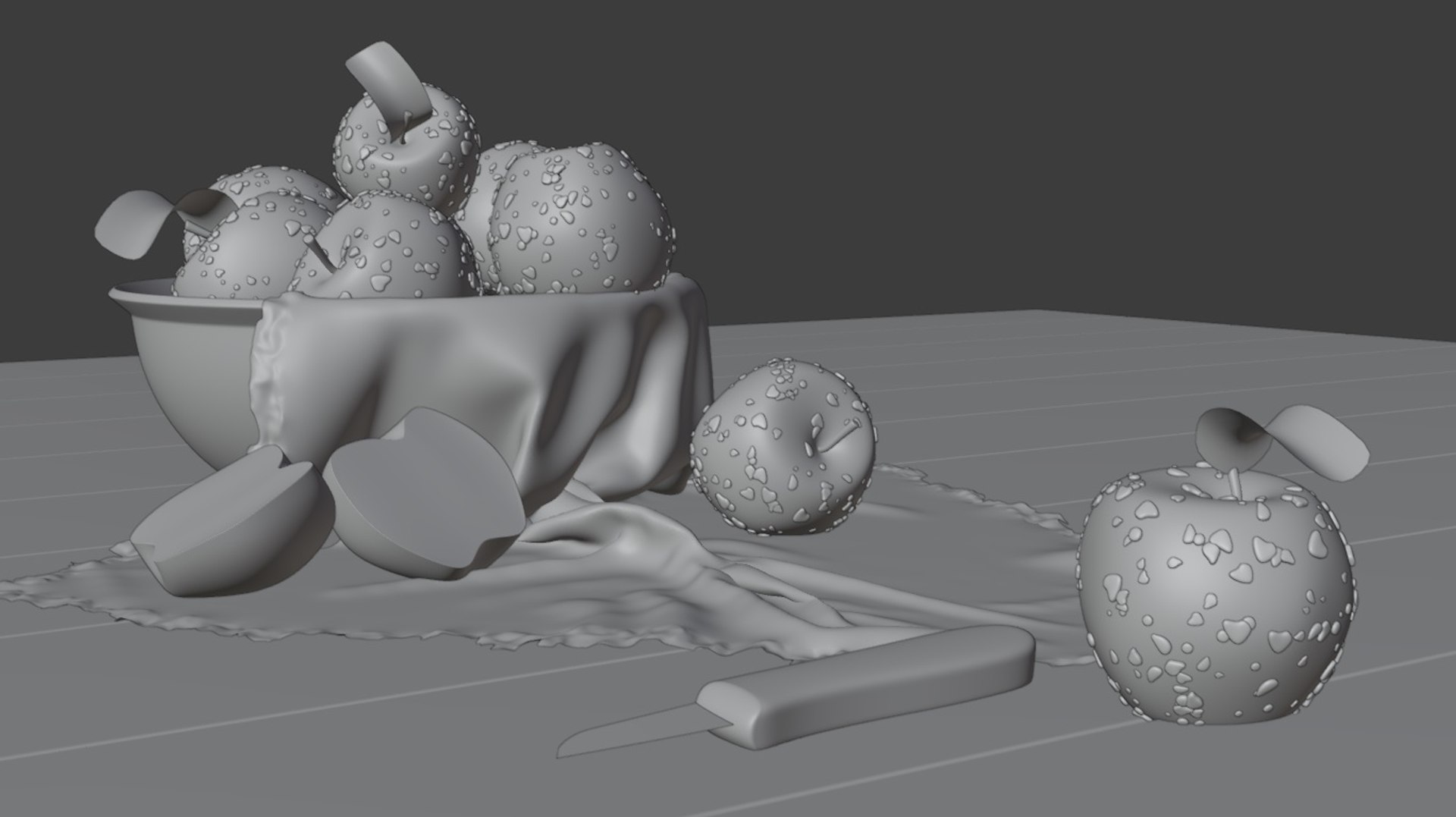Bowl With Apples Waterdrops Fabric Knife - High Poly - Blender 3D Model ...