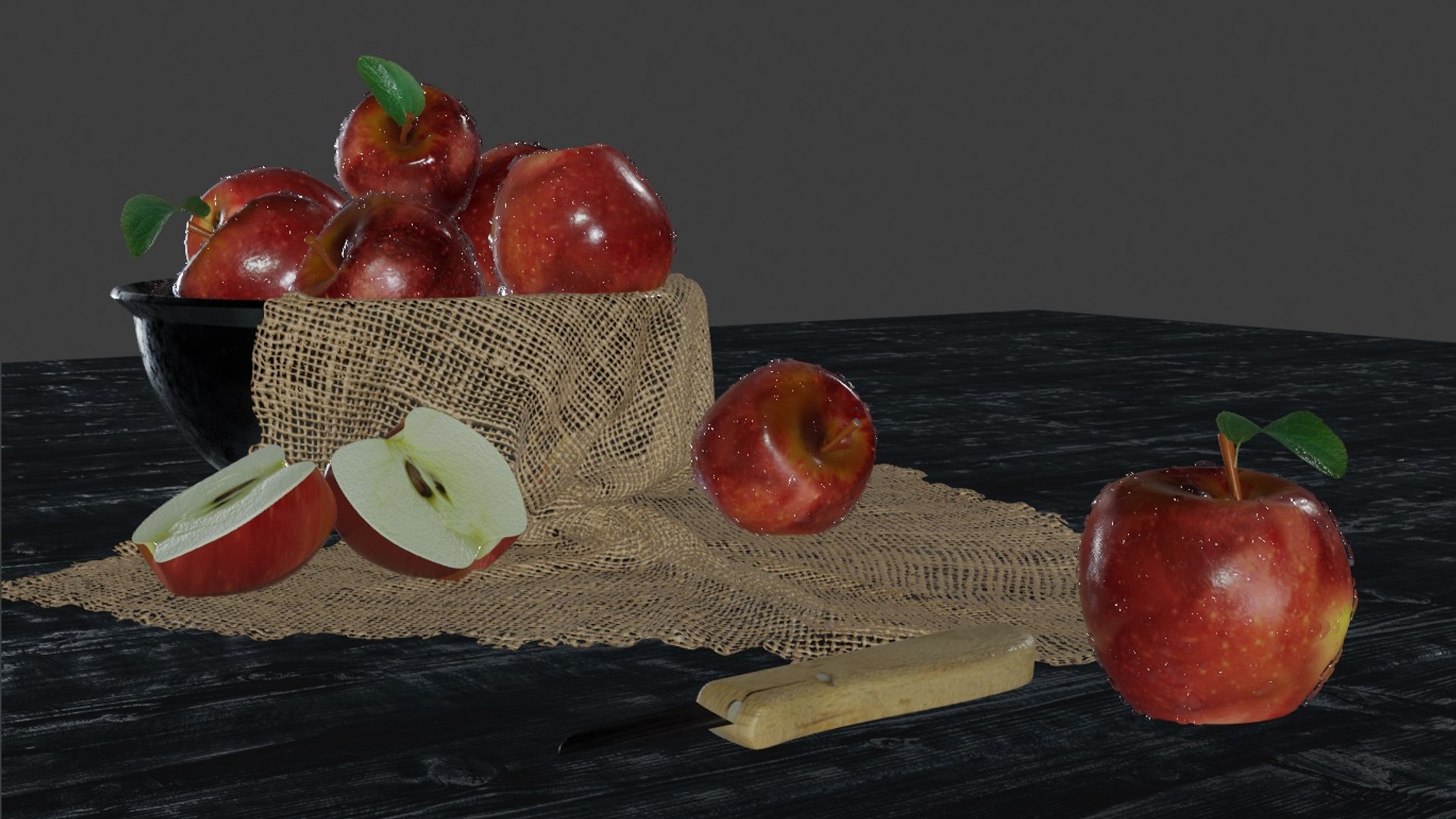 Bowl With Apples Waterdrops Fabric Knife - High Poly - Blender 3D Model ...