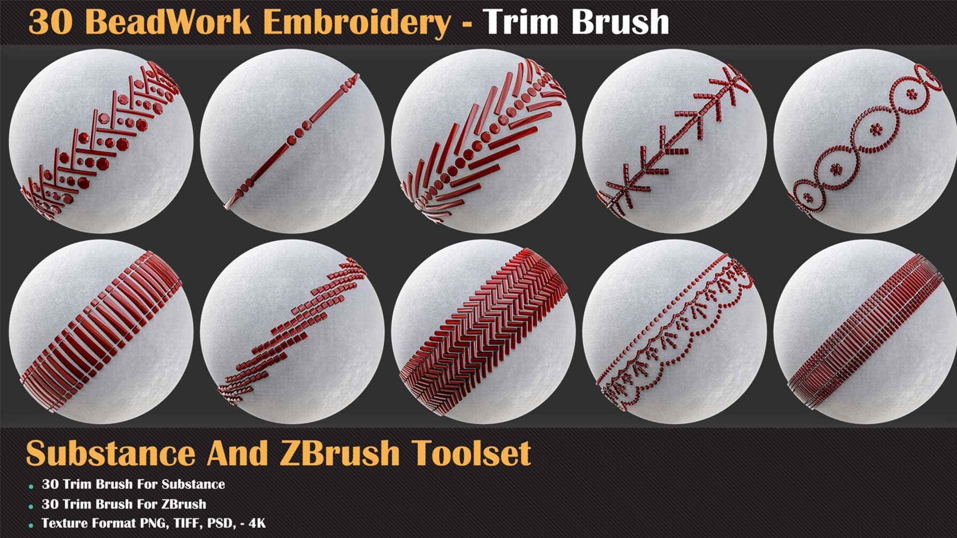 30 BeadWork Embroidery - Trim Brush For Substance And ZBrush Model ...