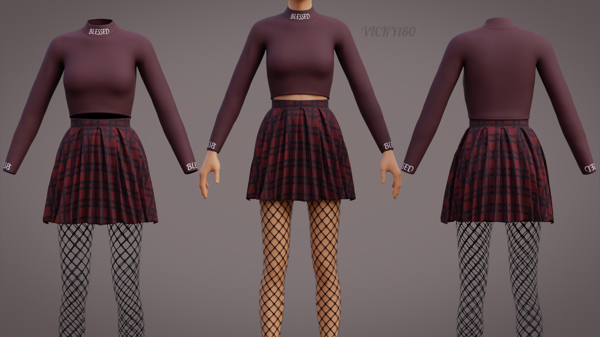 3D Grunge Fishnet Outfit - Turtleneck Crop Top Plaid Pleated Skirt ...