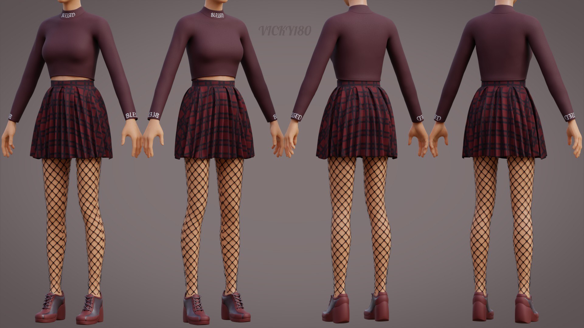 3D Grunge Fishnet Outfit - Turtleneck Crop Top Plaid Pleated Skirt ...