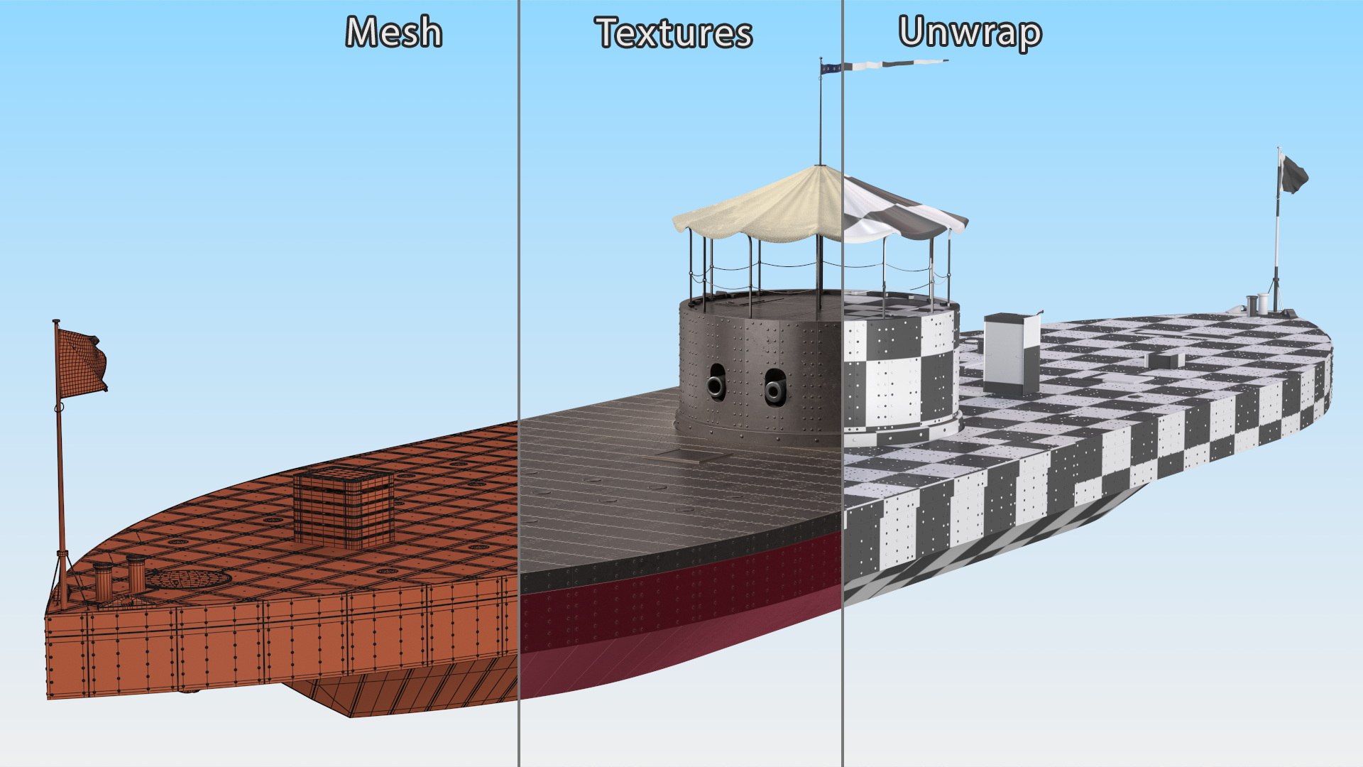 US Civil War Warship With Tower New Rigged 3D - TurboSquid 2210713