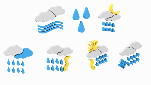 modelo 3d Conjunto de símbolos de meteorología con lluvia y viento ...