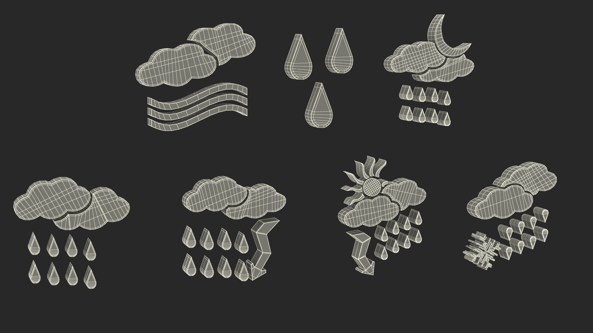 3D Model Meteorology Symbols With Rain And Wind Set - TurboSquid 2083621
