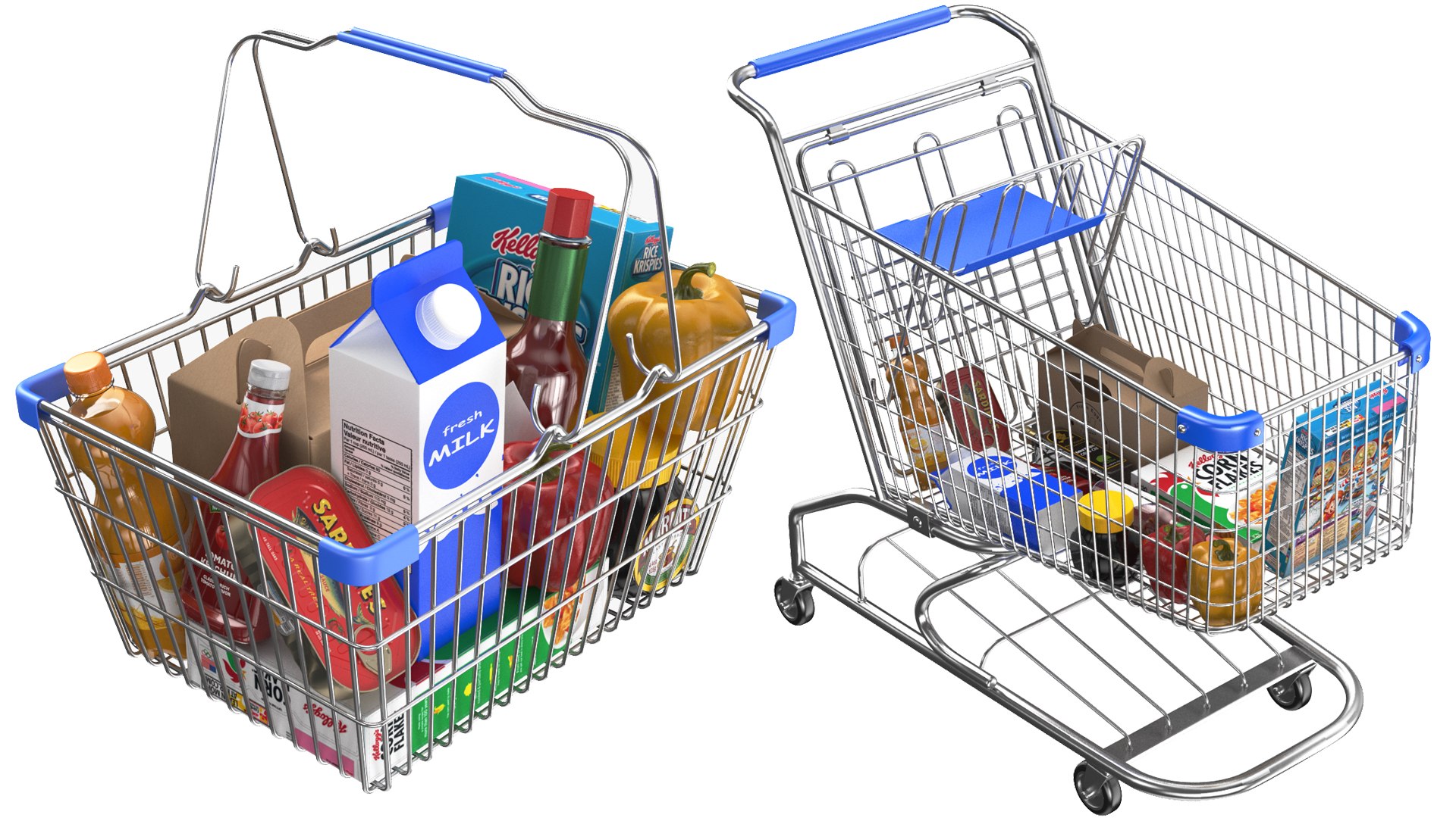 3D Two Detailed Shopping Basket And Cart - TurboSquid 2036231