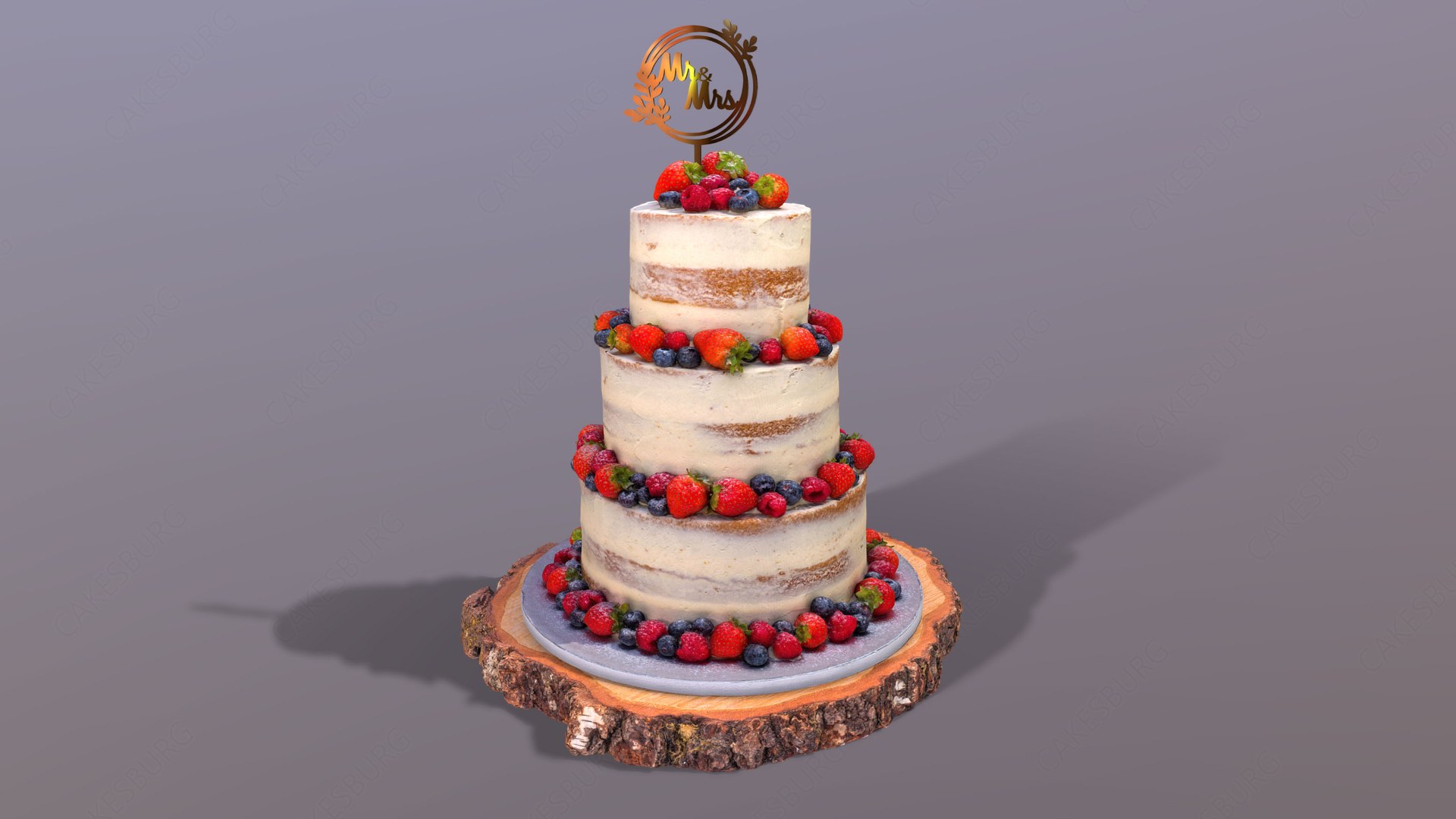 Semi Naked Berry Wedding Cake On Wooden Slice 3D Model - TurboSquid 1977670