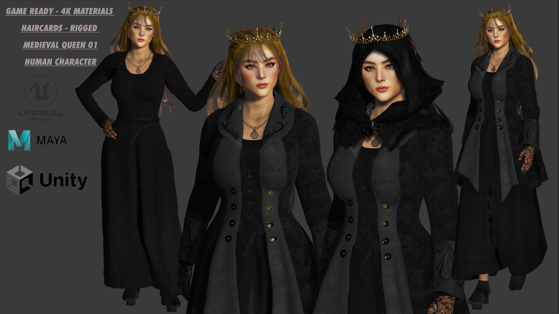 3D MEDIEVAL HUMAN RIGGED CHARACTER - BEAUTIFUL QUEEN PRINCESS 01 model ...