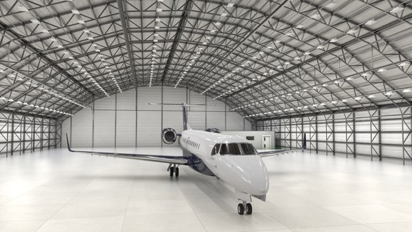modelo 3d Jet privado Embraer Legacy 650E en hangar de aeronaves ...