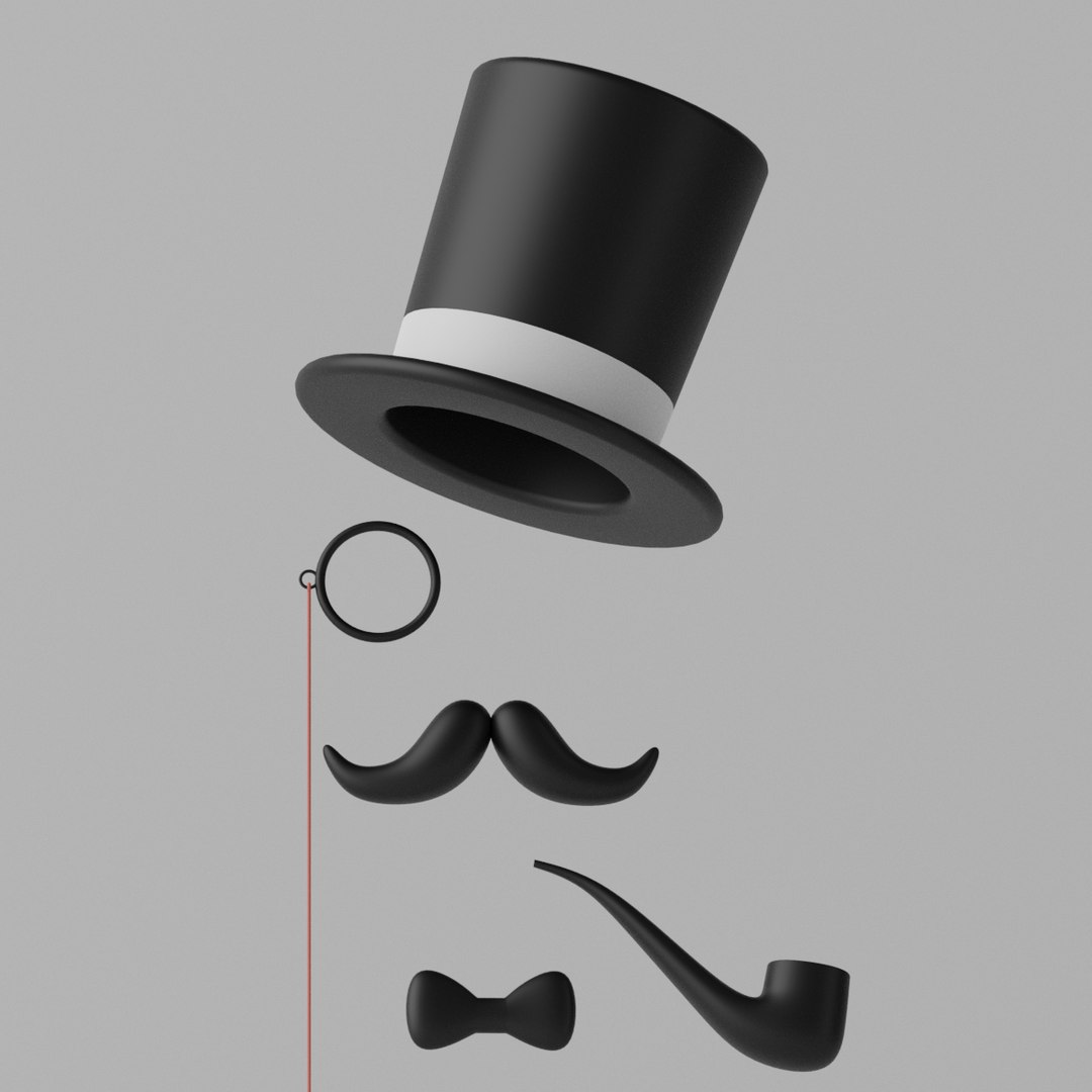 3D Top Hat Moustache Bow Tie Monocle Tobacco Pipe Model - TurboSquid ...