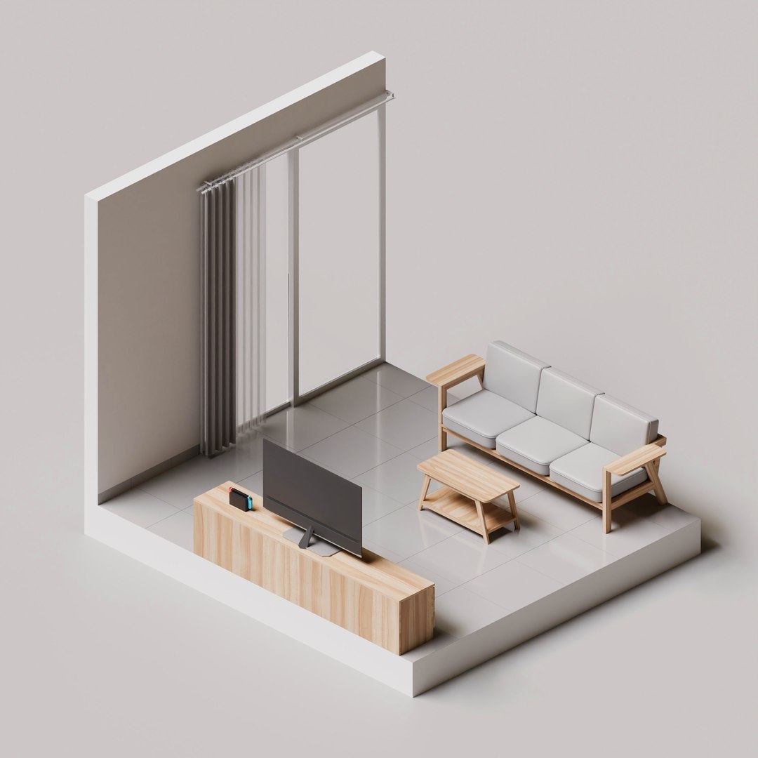 Living Room Interior Isometric 3D Render Illustration 3D - TurboSquid ...