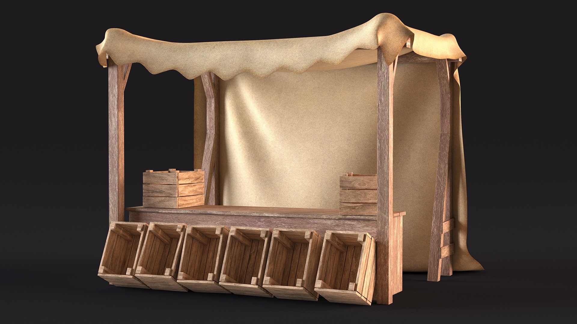 3D Wooden Market Stall With Beige Awning Model - TurboSquid 2214182