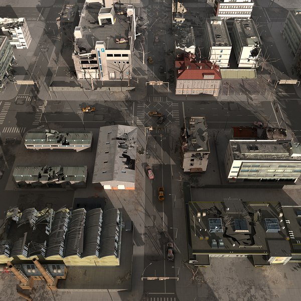 ruined city blocks destroyed building 3d c4d