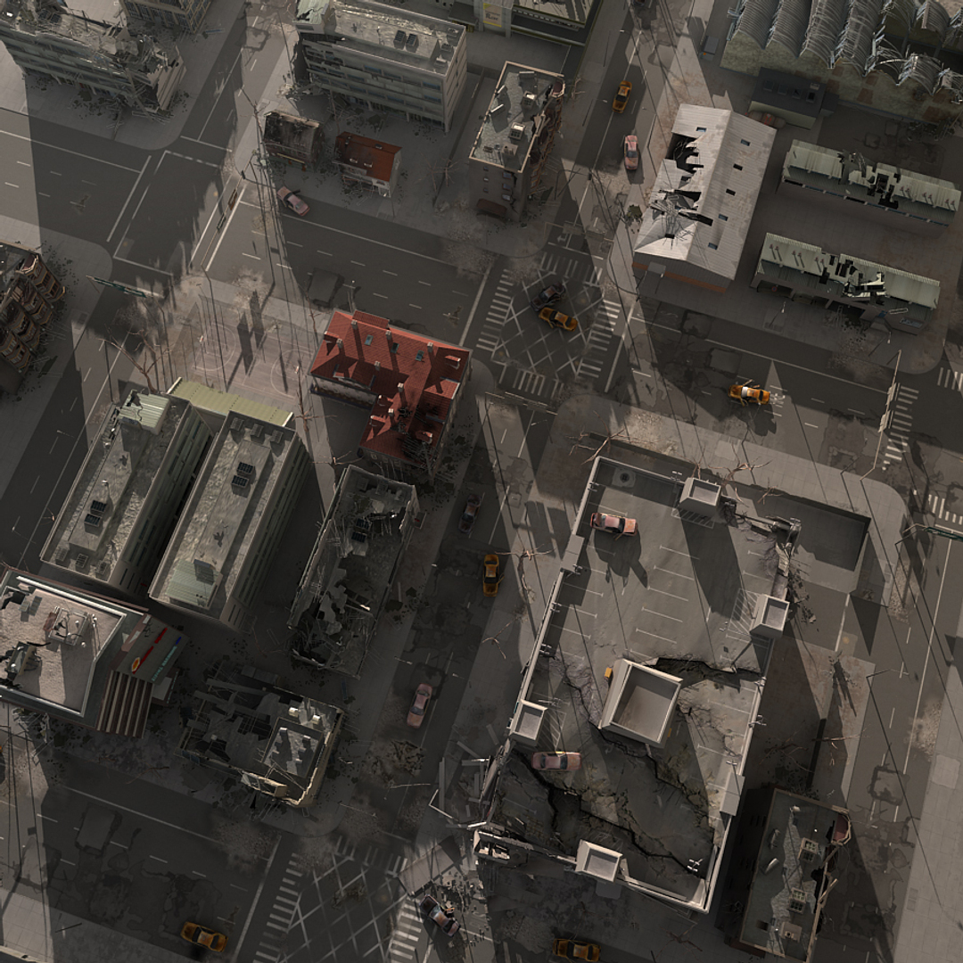 ruined city blocks destroyed building 3d c4d