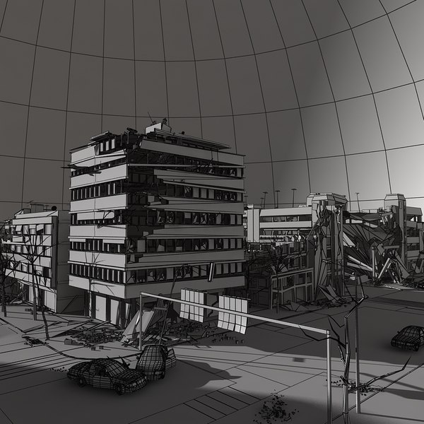 ruined city blocks destroyed building 3d c4d