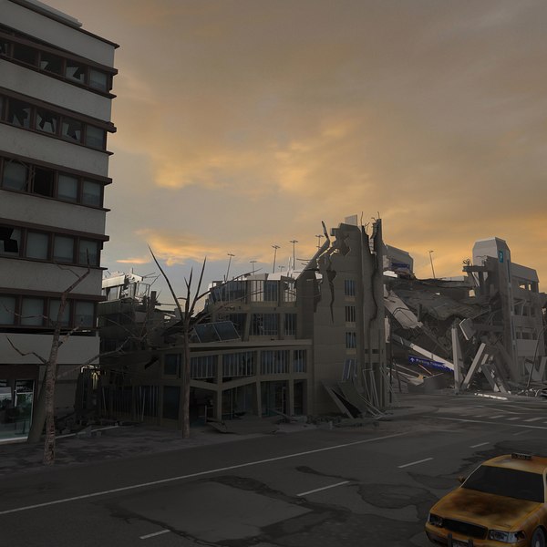 ruined city blocks destroyed building 3d c4d