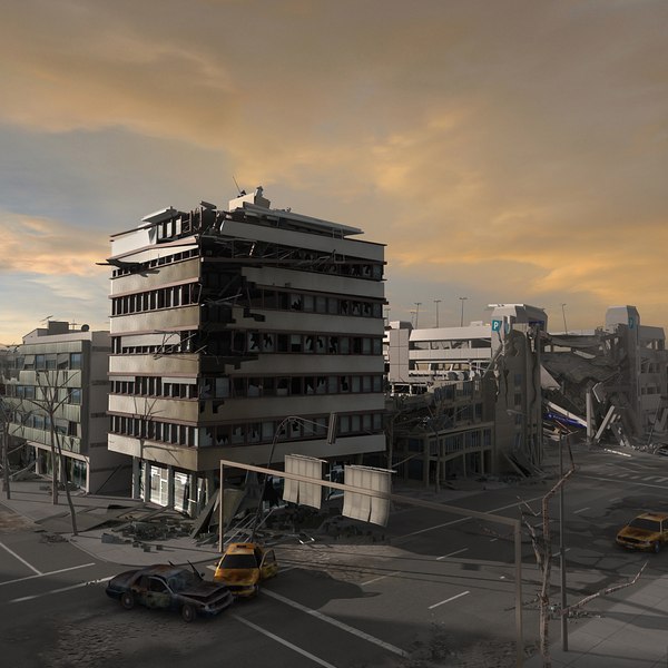 ruined city blocks destroyed building 3d c4d