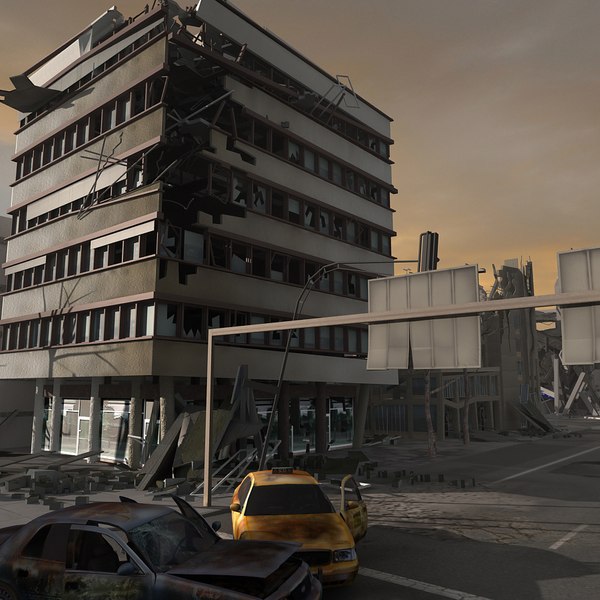 ruined city blocks destroyed building 3d c4d