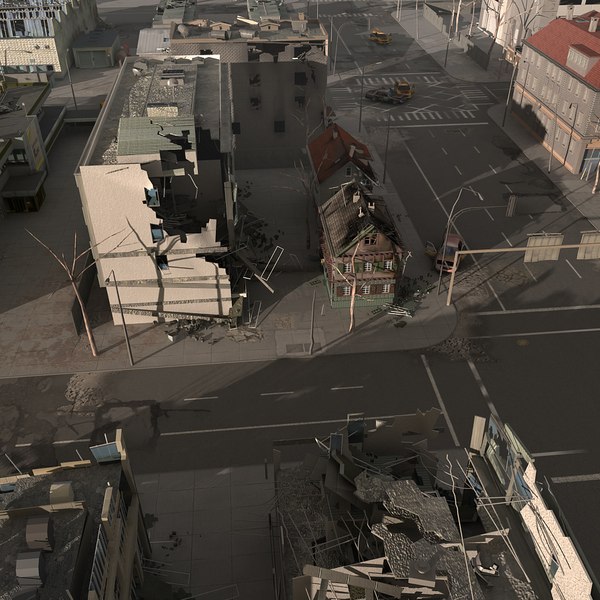 ruined city blocks destroyed building 3d c4d