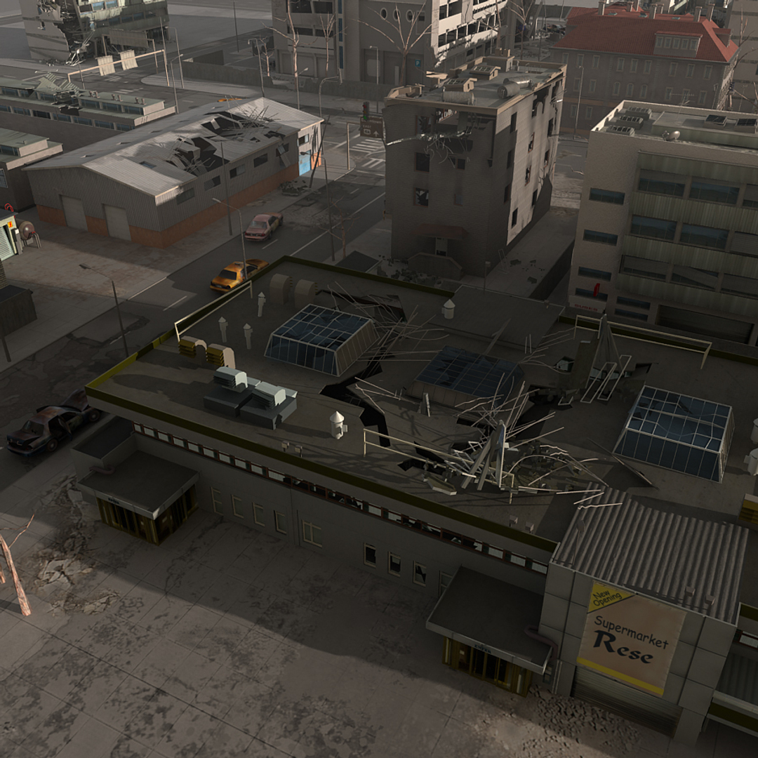 ruined city blocks destroyed building 3d c4d