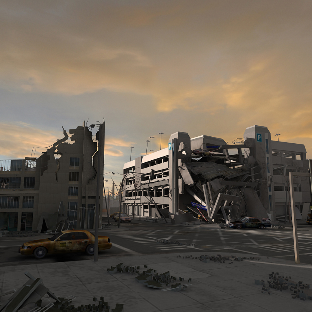 ruined city blocks destroyed building 3d c4d