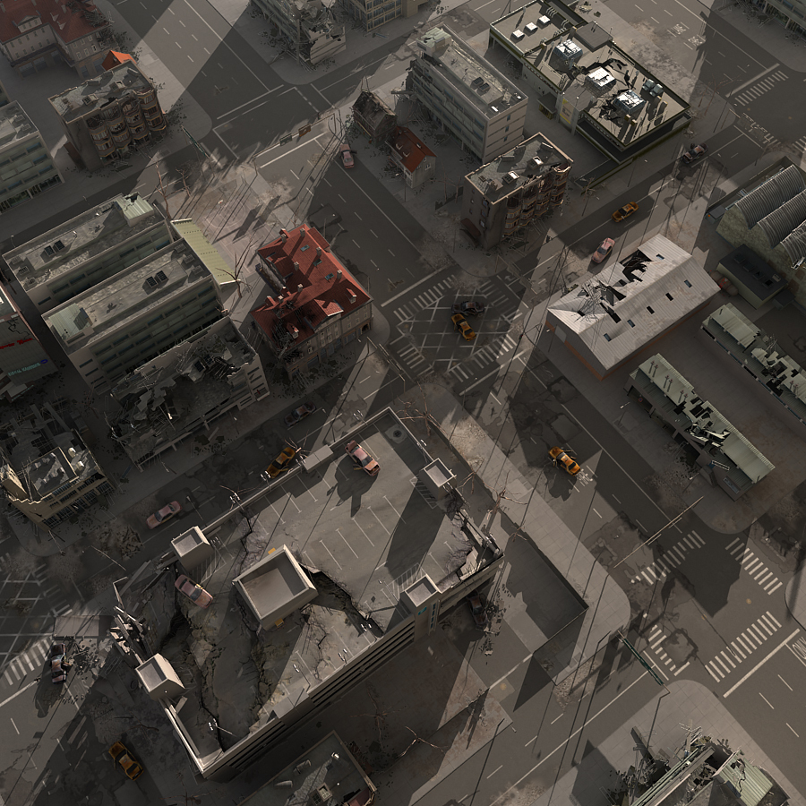 ruined city blocks destroyed building 3d c4d