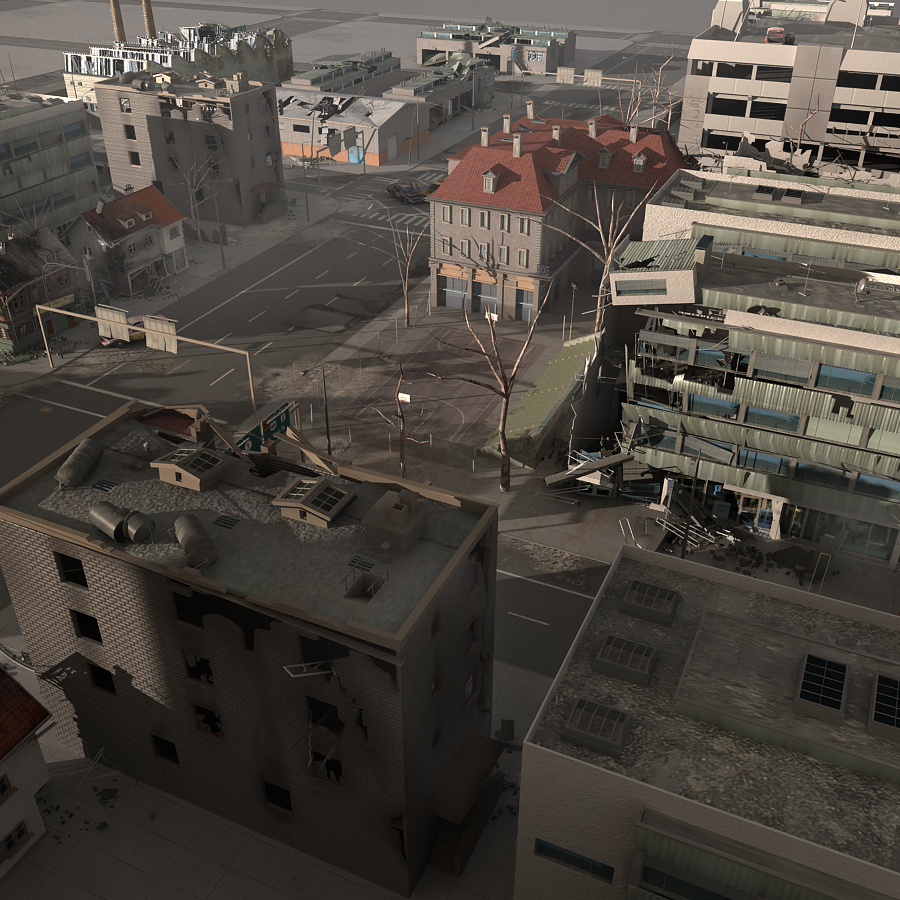 ruined city blocks destroyed building 3d c4d