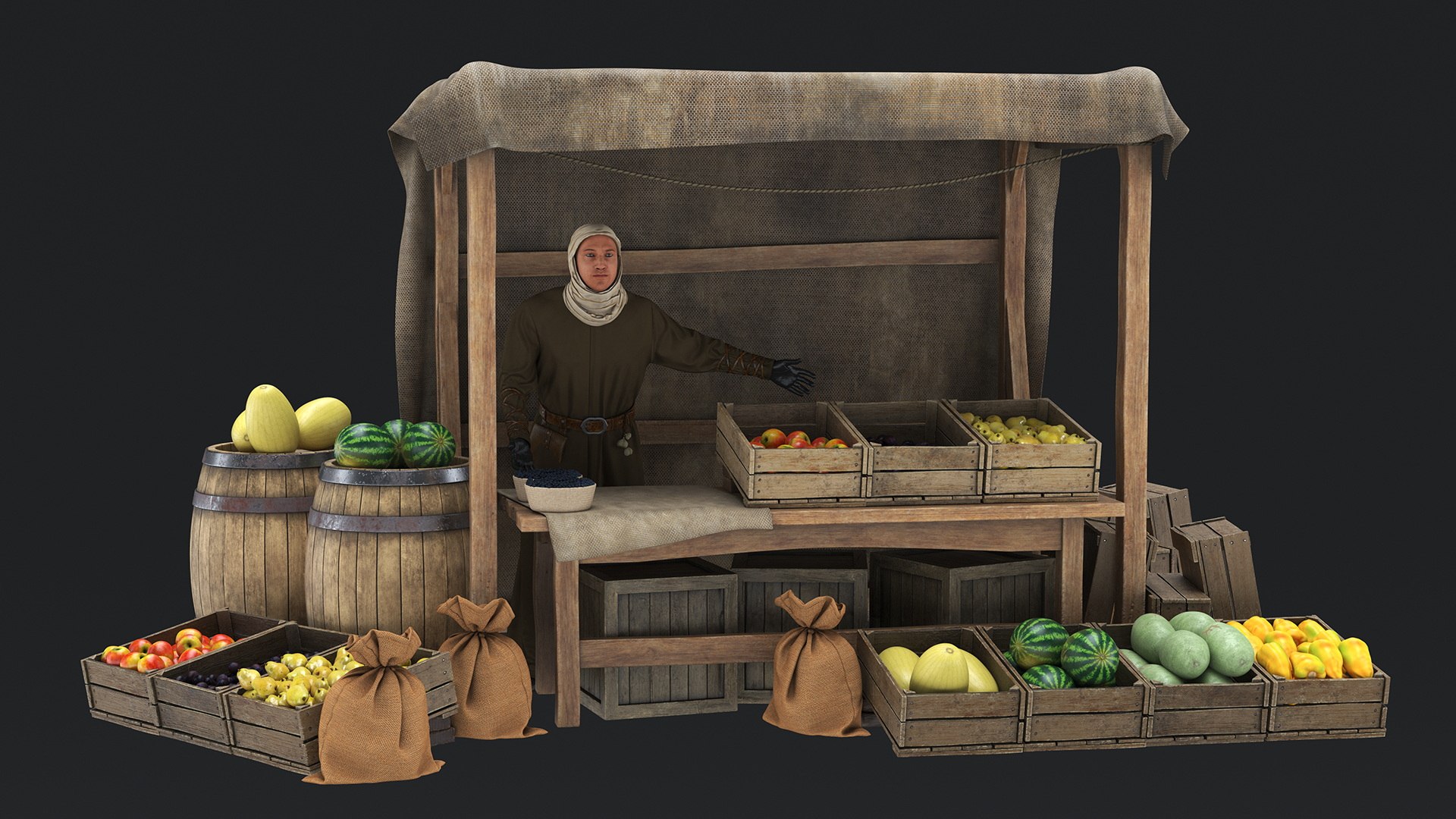 Medieval Merchant With Market Stall Model - TurboSquid 2282241