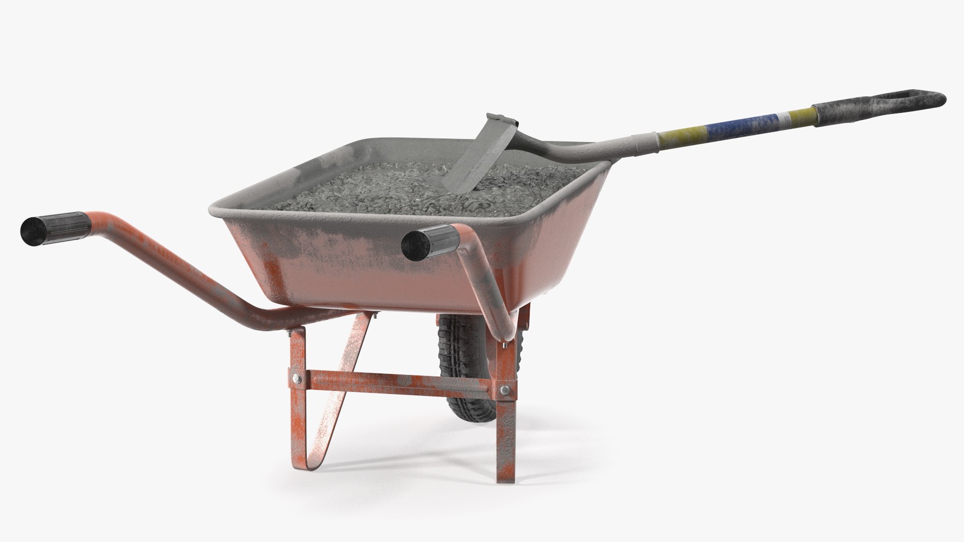 One Wheel Construction Cart Full of Concrete with Shovel model ...