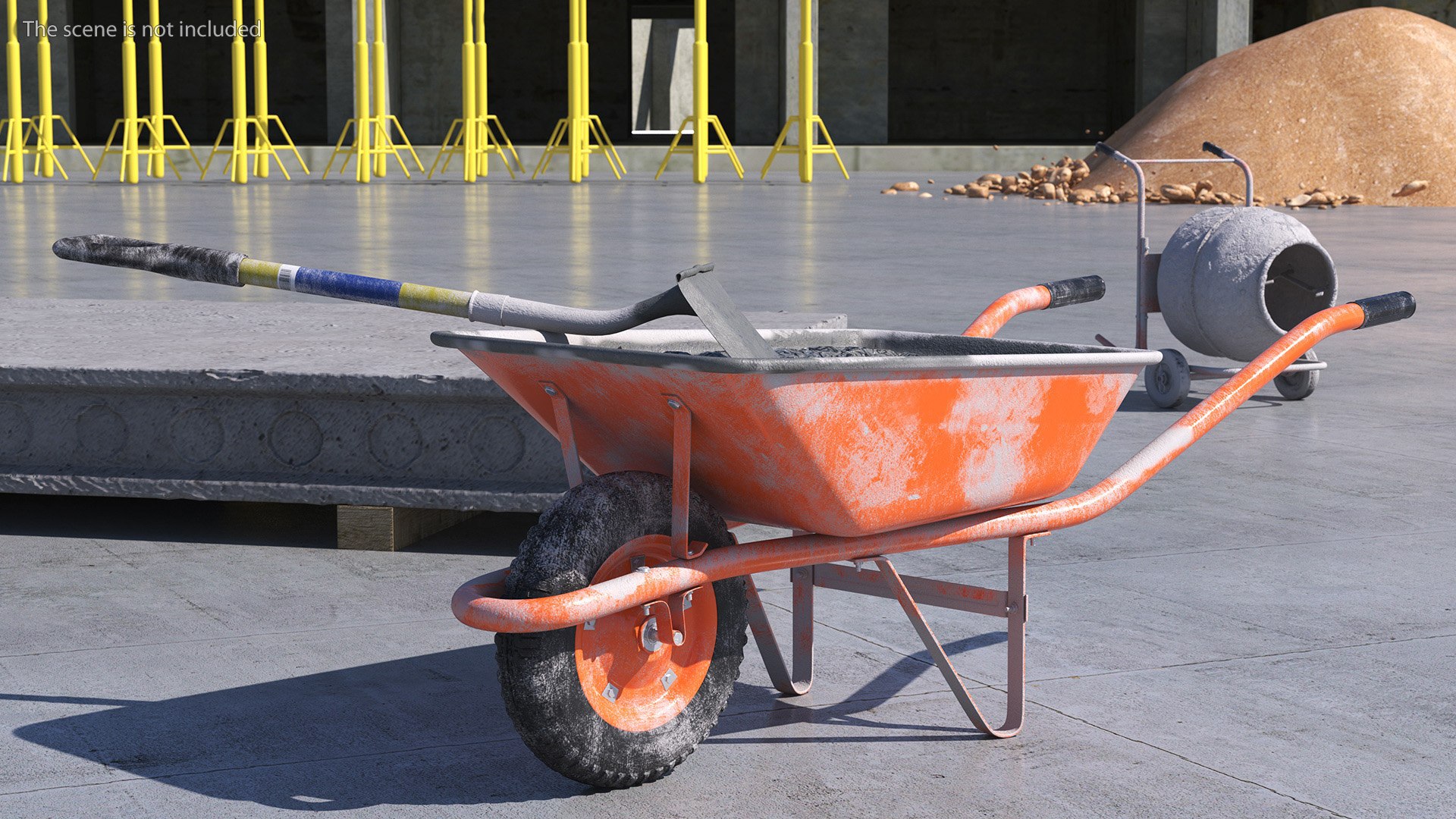 One Wheel Construction Cart Full Of Concrete With Shovel Model ...