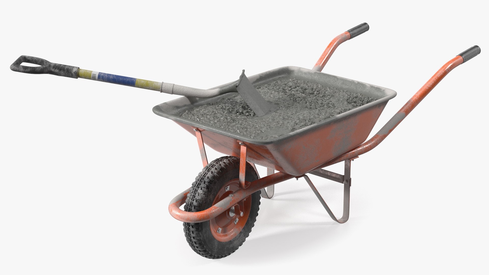 One Wheel Construction Cart Full of Concrete with Shovel model ...