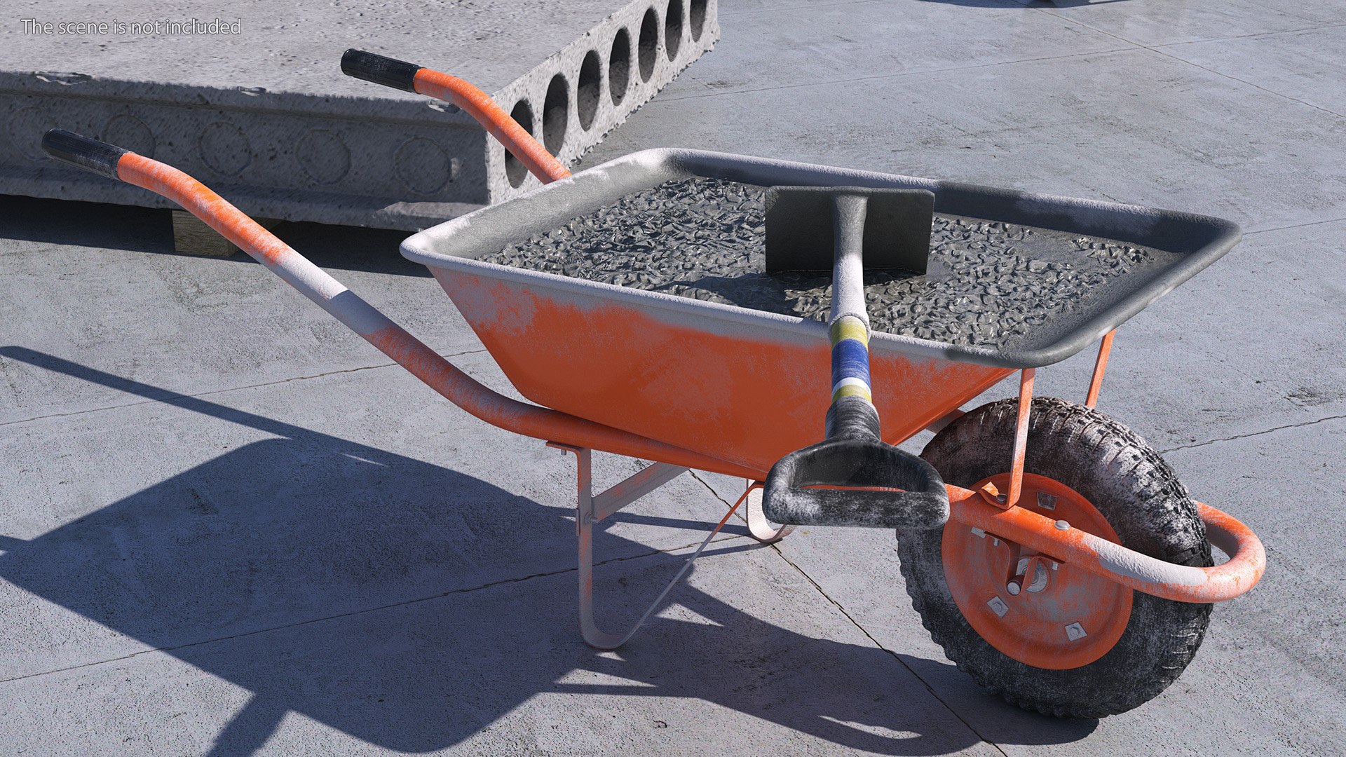 One Wheel Construction Cart Full Of Concrete With Shovel Model ...