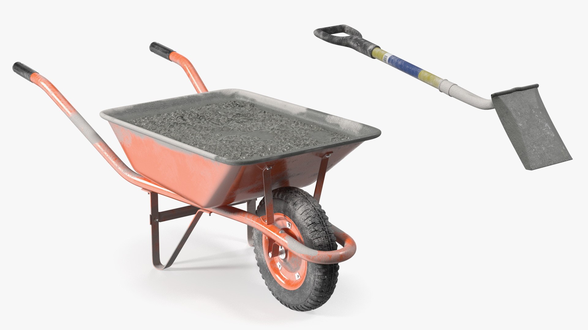 One Wheel Construction Cart Full of Concrete with Shovel model ...