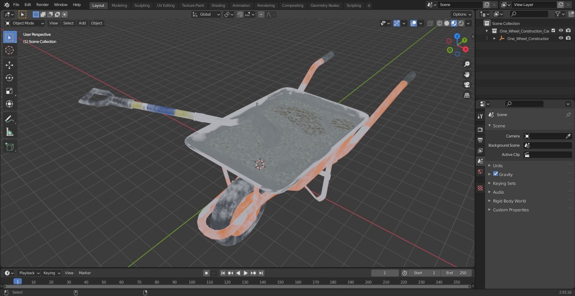 One Wheel Construction Cart Full of Concrete with Shovel model ...