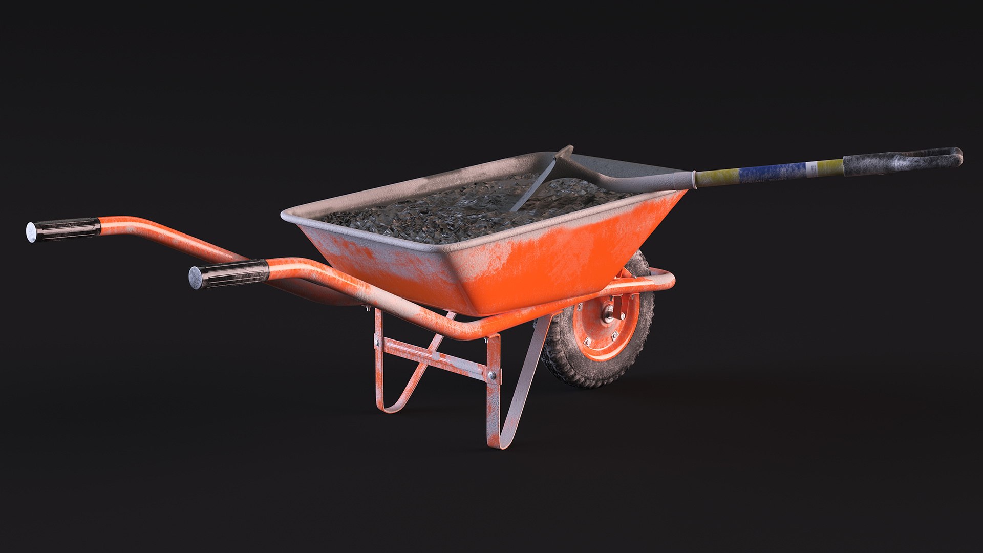 One Wheel Construction Cart Full of Concrete with Shovel model ...