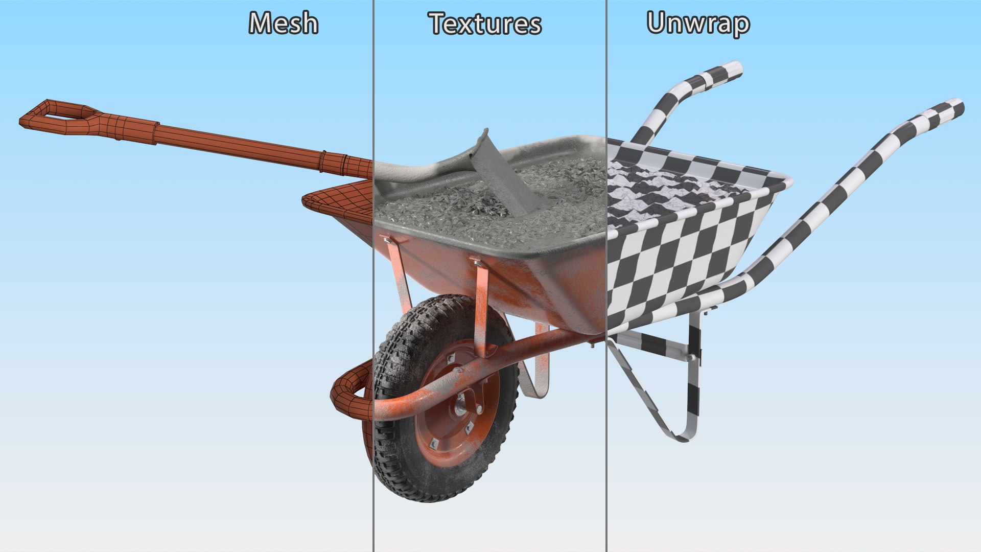 One Wheel Construction Cart Full of Concrete with Shovel model ...
