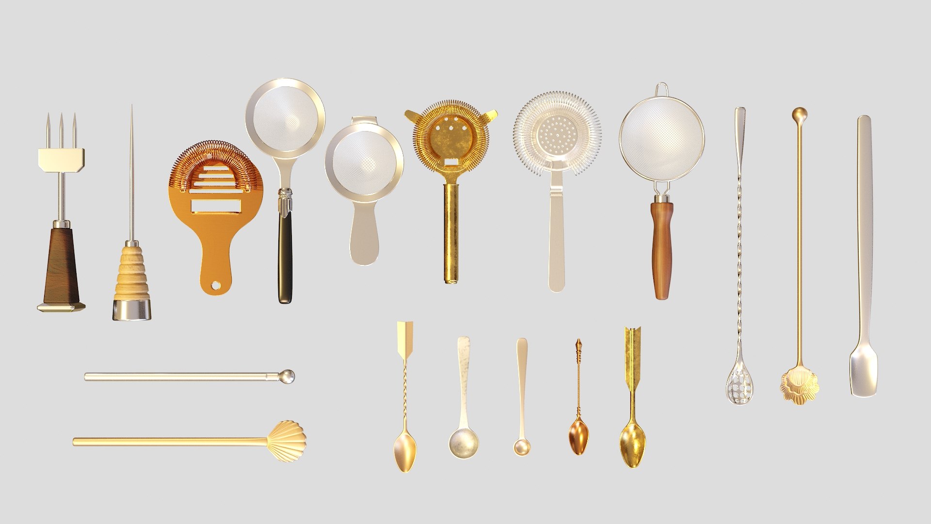 Bartender Tools Set 200 Strainers Stirrers IcePicks 3D Model ...