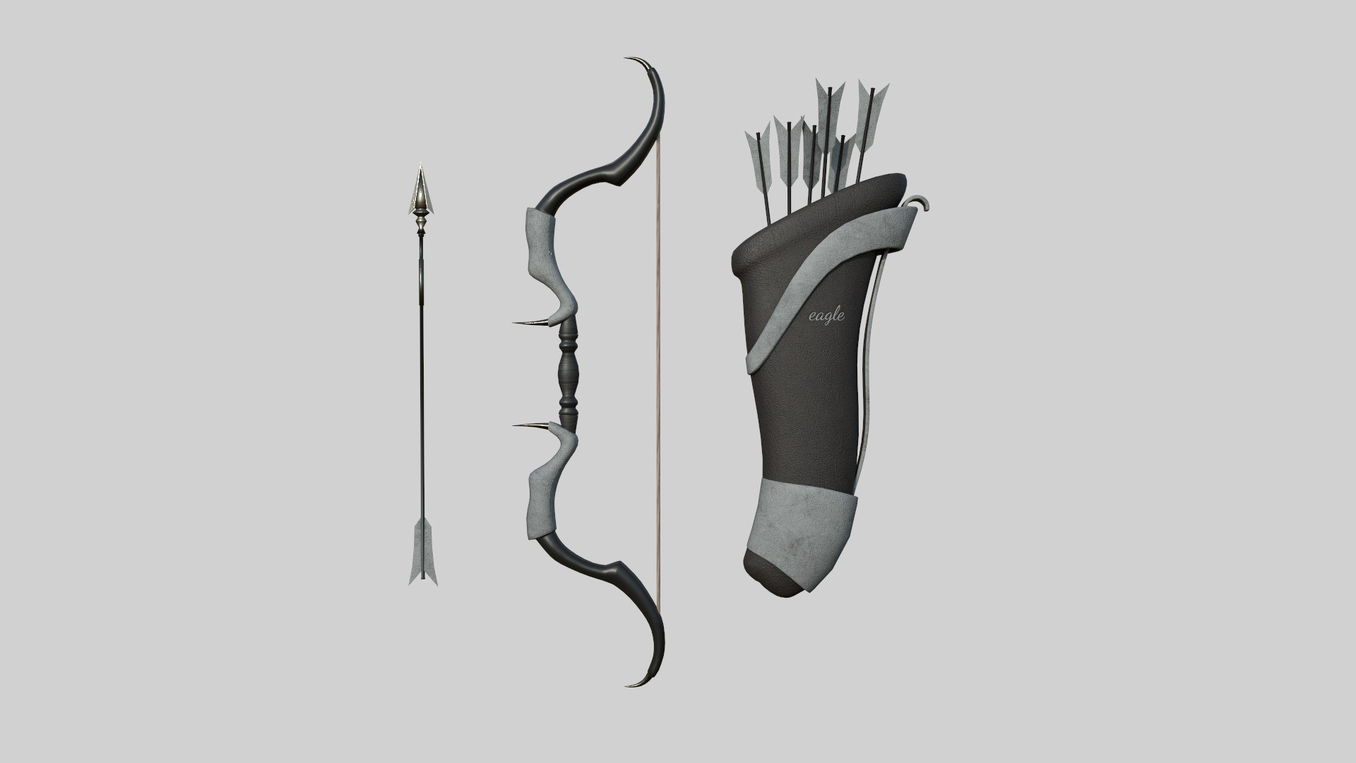 3D Archer Bow 01 - Black Gray - Quiver Fantasy Weaponry model ...