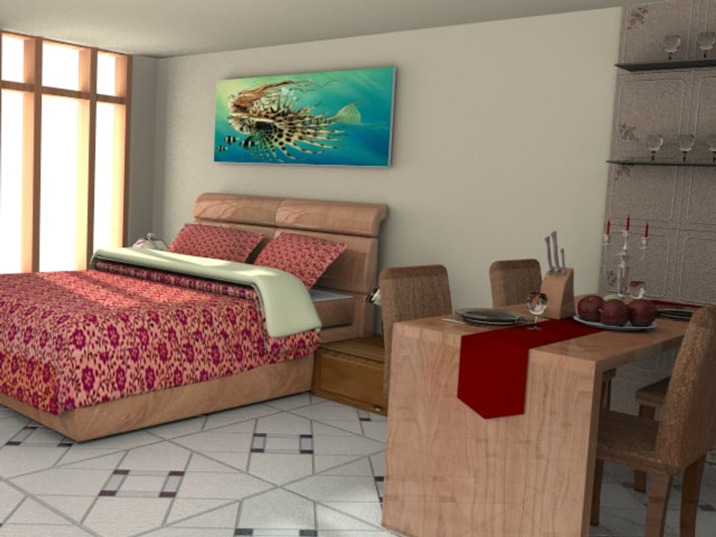 studio apartment interiors bed room 3d blend