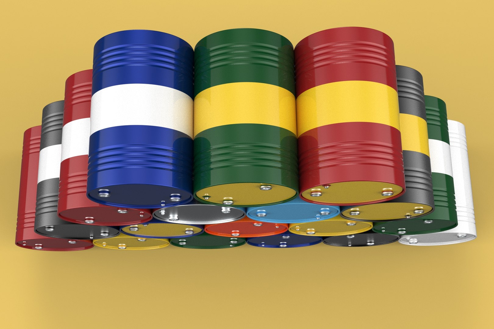 3D STEEL DRUM BARREL STACKED VARIOUS COLOR GALLON GAS TANK OIL FUEL ...