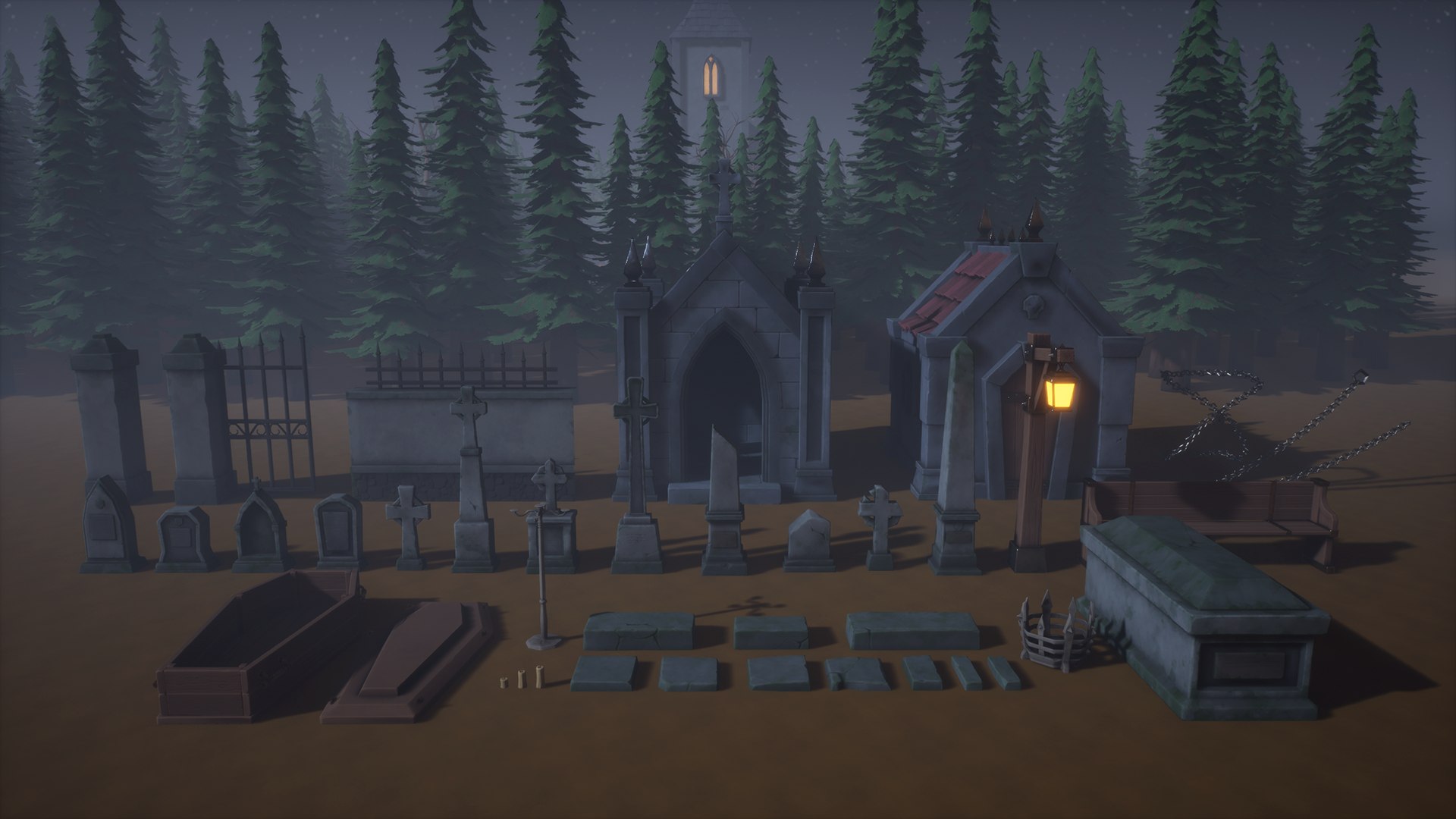 Stylized Graveyard With Church 3D Model - TurboSquid 2224341