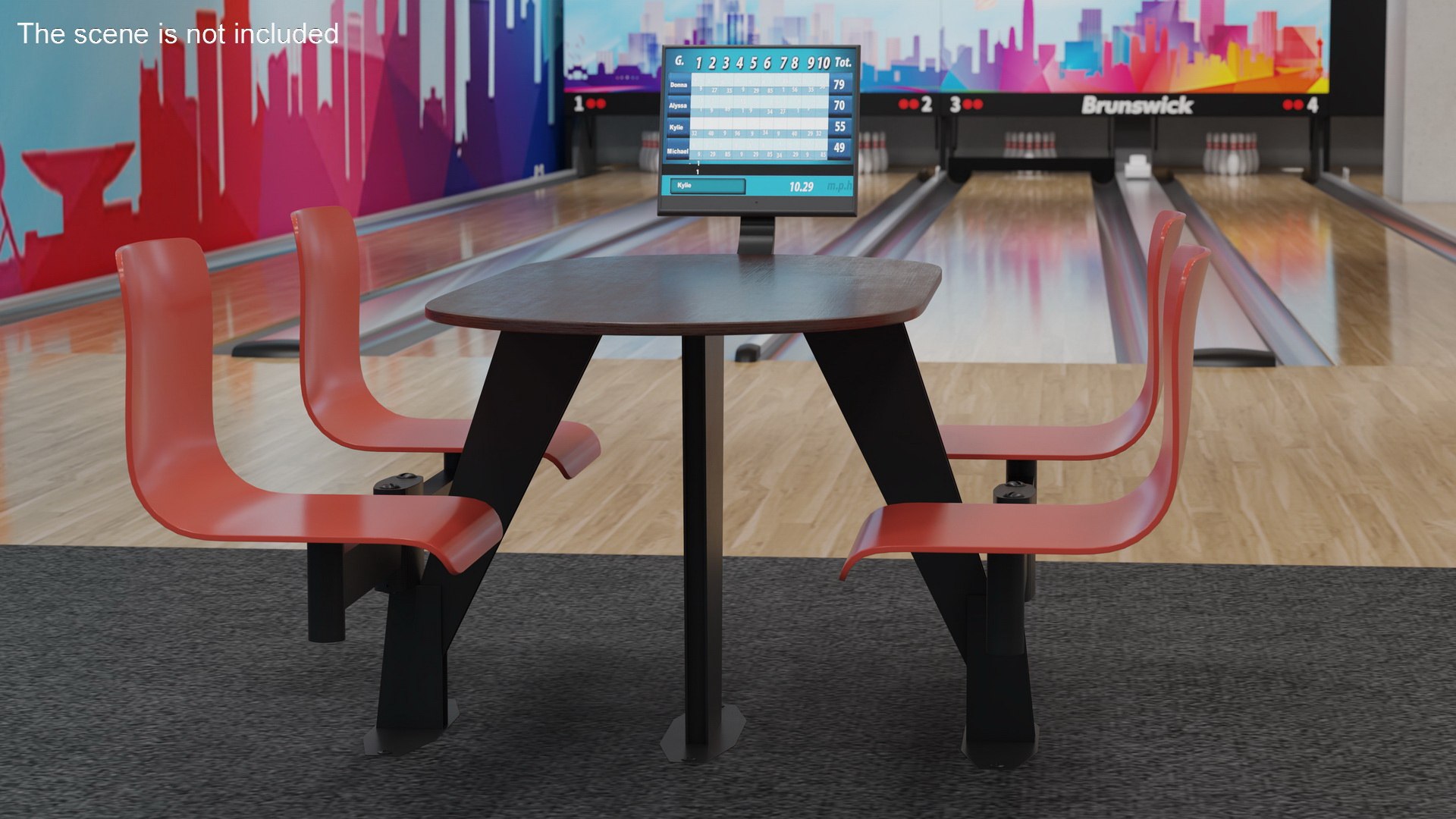 3D Oval Brown Bowling Table With Red Chairs Model - TurboSquid 2240428