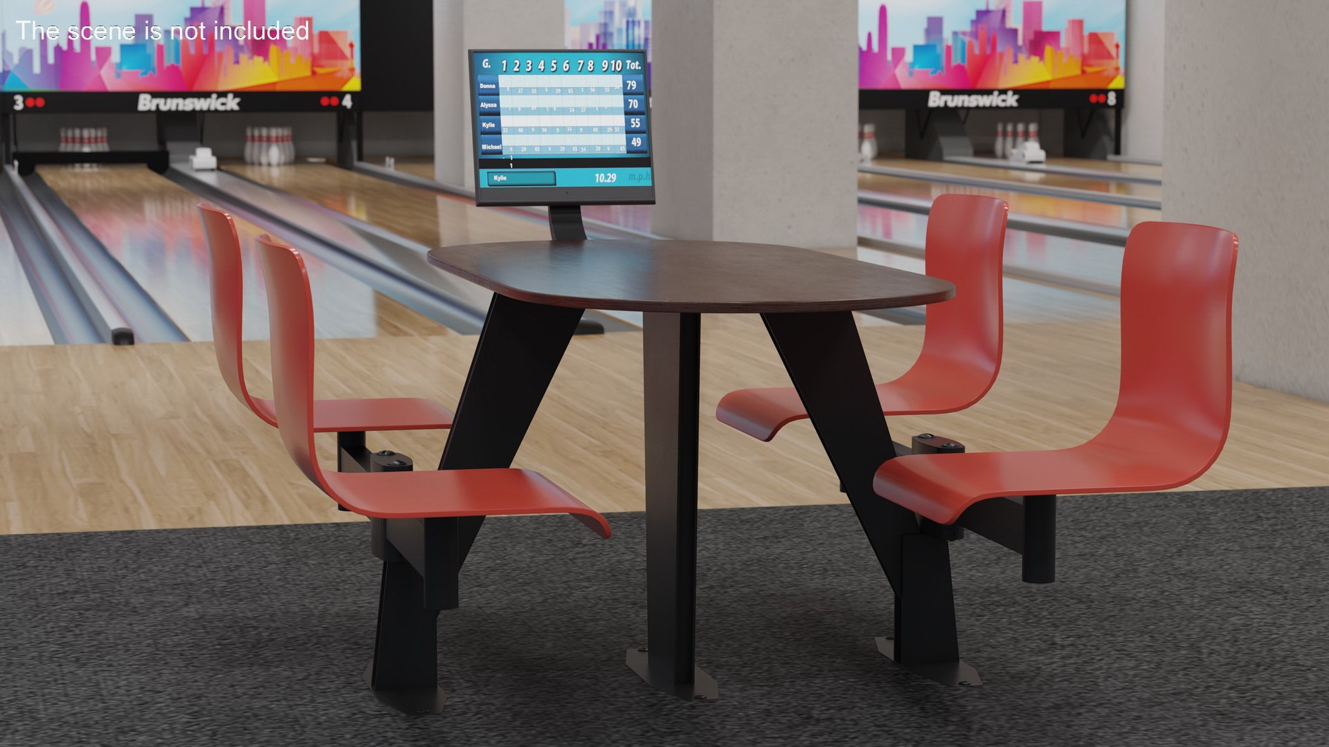 3D Oval Brown Bowling Table With Red Chairs Model - TurboSquid 2240428