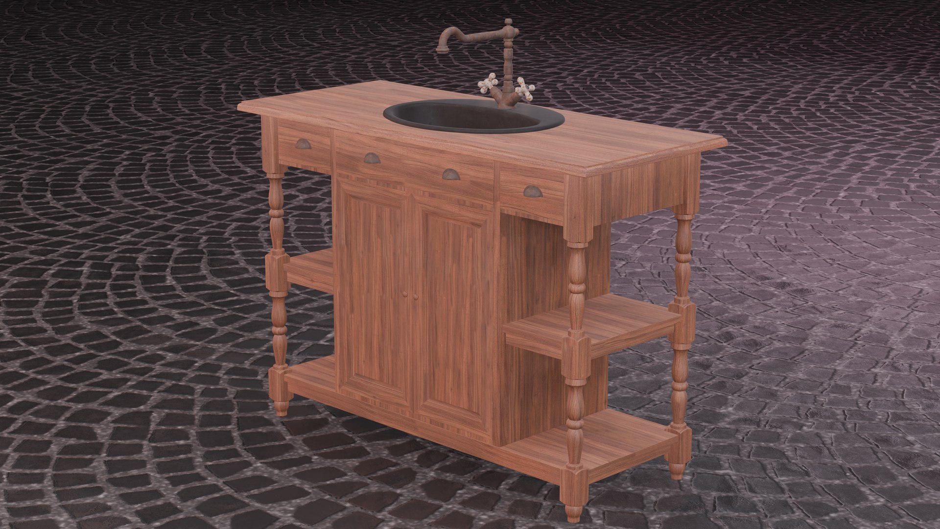 3D Sink On A Wooden Cabinet Model - TurboSquid 2269147