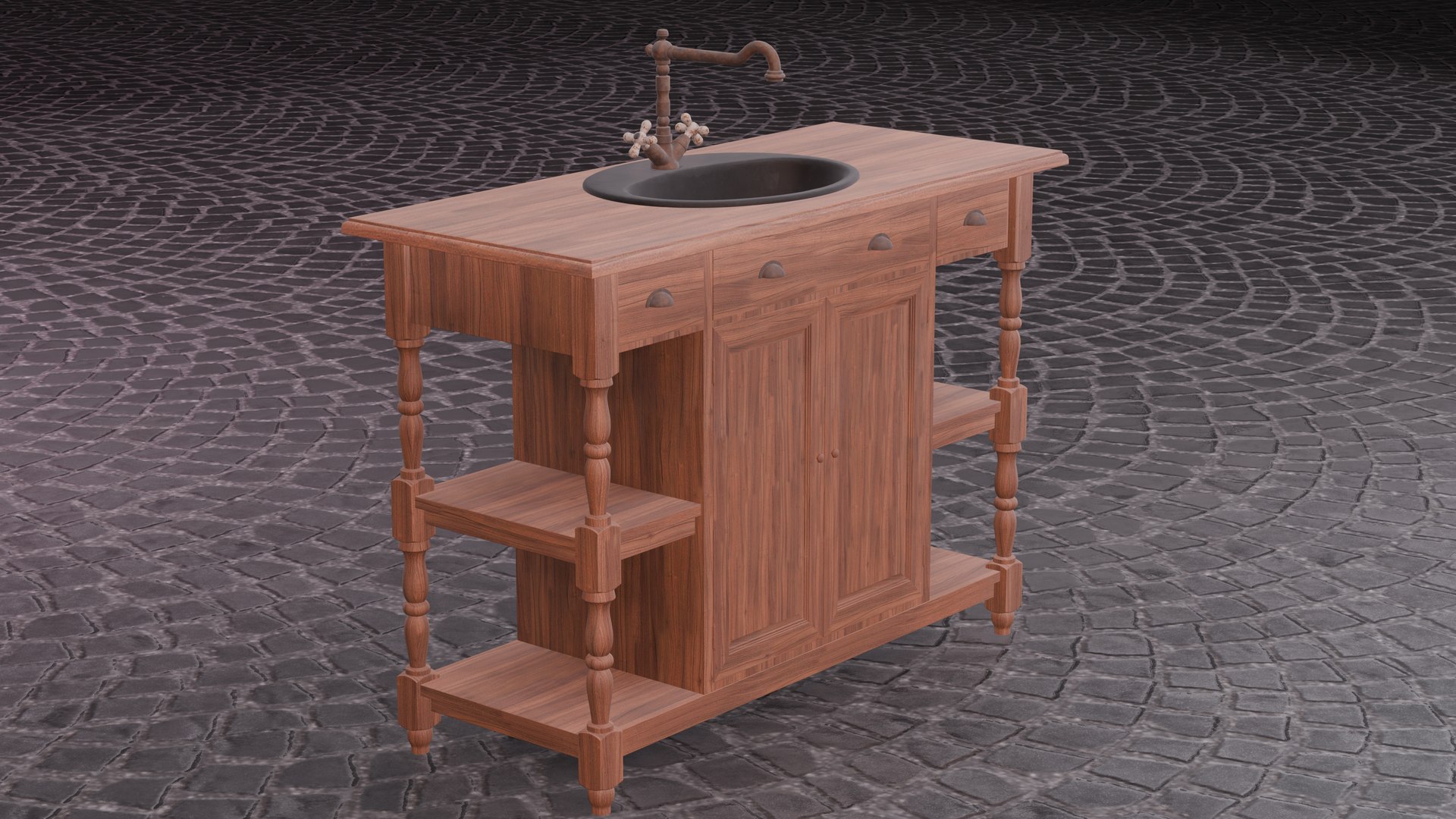 3D Sink On A Wooden Cabinet Model - TurboSquid 2269147