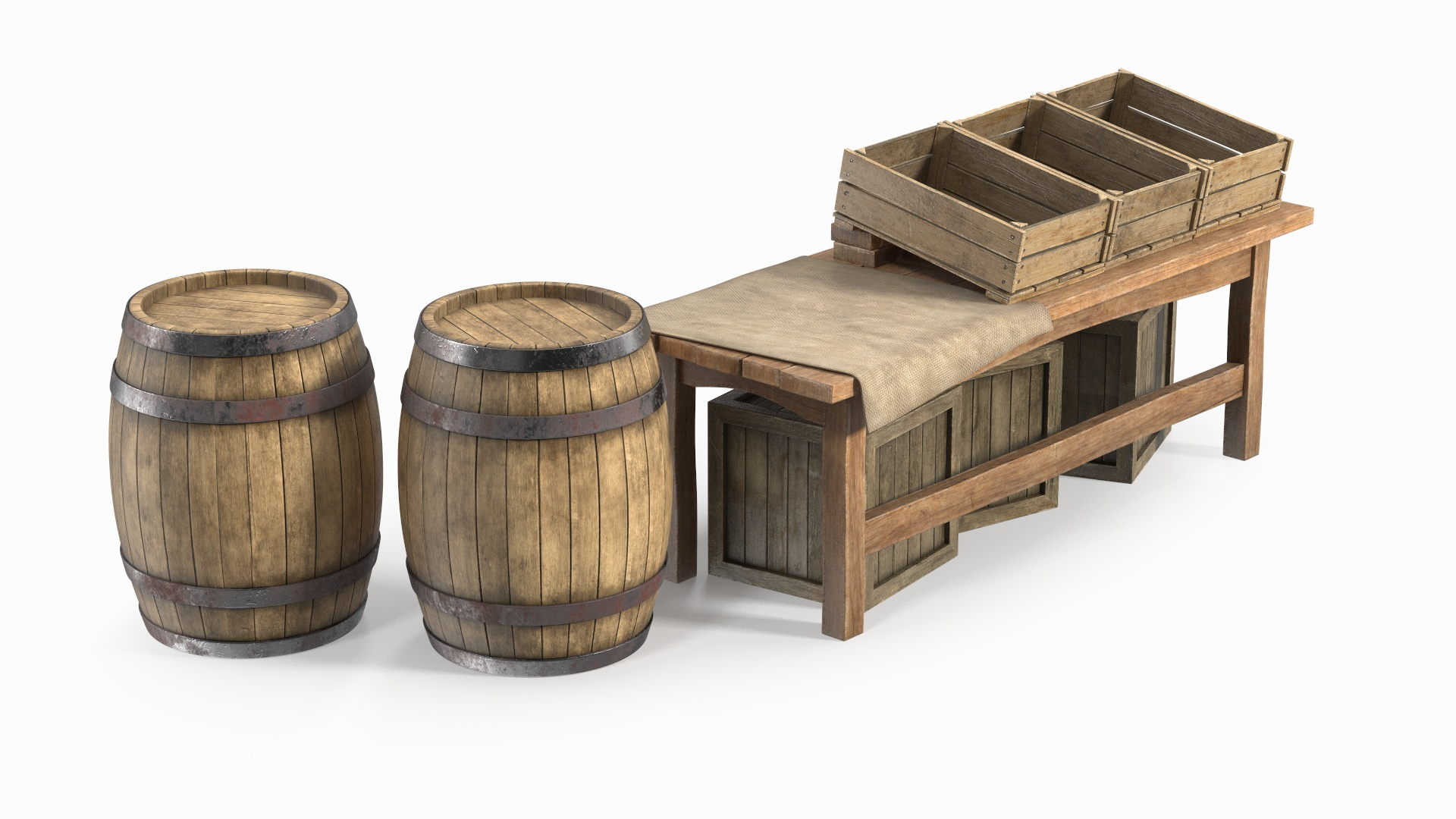 3D Historical Market Stand With Barrels And Crates - TurboSquid 2221441