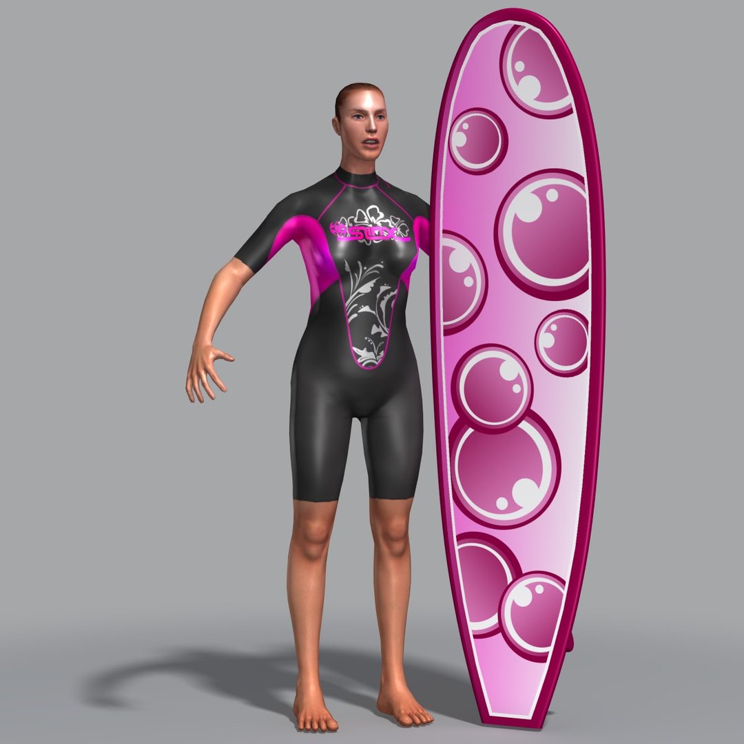 3d model surfer surfboard